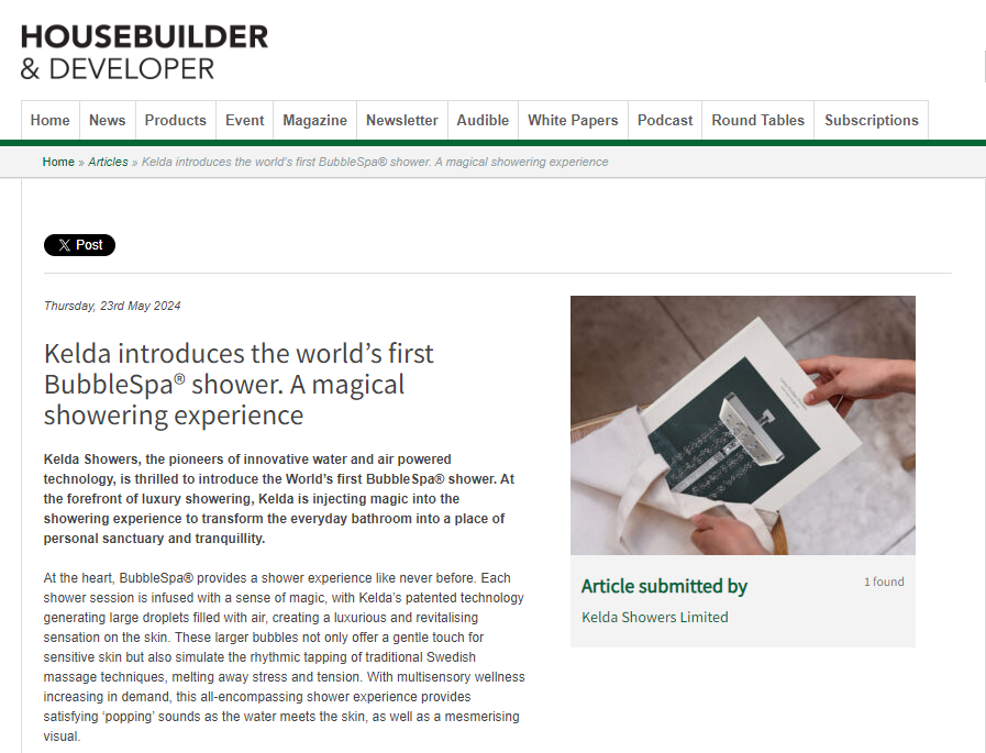 BubbleSpa® Featured in Housebuilder & Developer Magazine - Kelda Showers